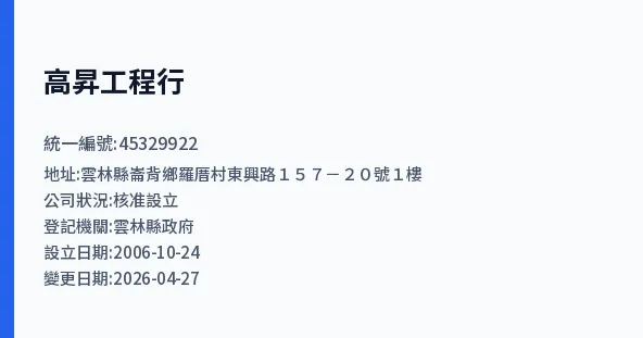 高昇工程行的照片-統編 45329922(雲林縣) 公司登記資料與營業項目詳細圖表