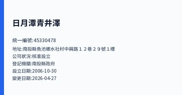 日月潭青井澤的照片-統編 45330478(南投縣) 公司登記資料與營業項目詳細圖表