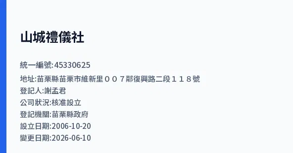 山城禮儀社的照片-統編 45330625(苗栗縣) 公司登記資料與營業項目詳細圖表