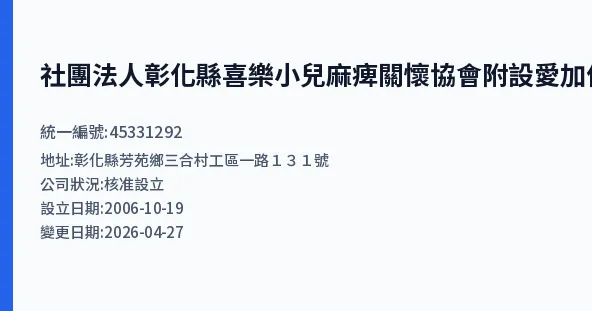 社團法人彰化縣喜樂小兒麻痺關懷協會附設愛加倍工場的照片-統編 45331292(彰化縣) 公司登記資料與營業項目詳細圖表