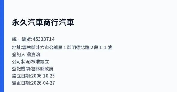 永久汽車商行汽車的照片-統編 45333714(雲林縣) 公司登記資料與營業項目詳細圖表
