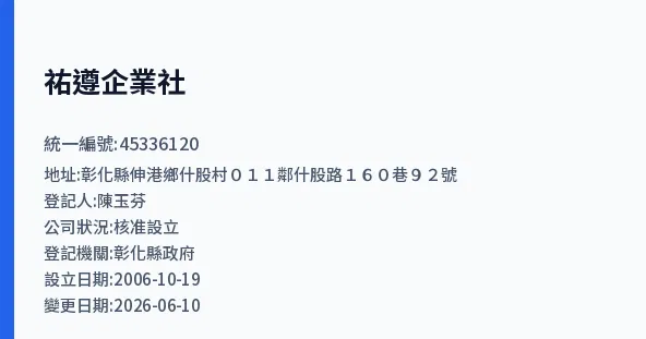 祐遵企業社的照片-統編 45336120(彰化縣) 公司登記資料與營業項目詳細圖表