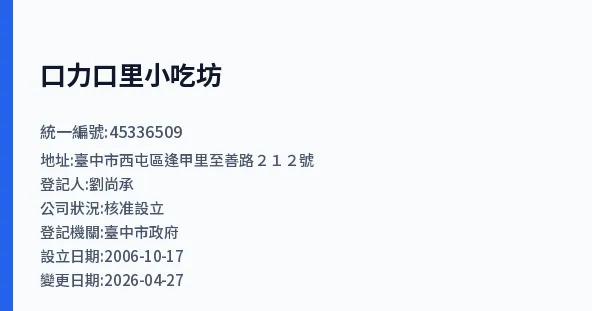 口力口里小吃坊的照片-統編 45336509(臺中市) 公司登記資料與營業項目詳細圖表