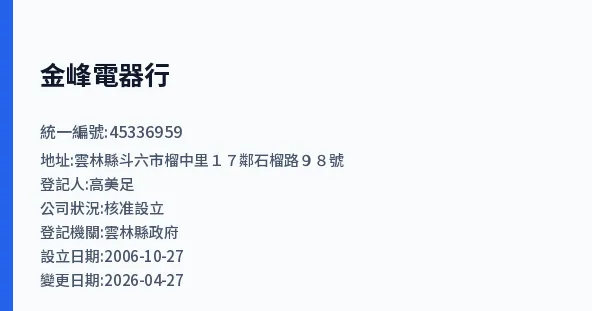 金峰電器行的照片-統編 45336959(雲林縣) 公司登記資料與營業項目詳細圖表