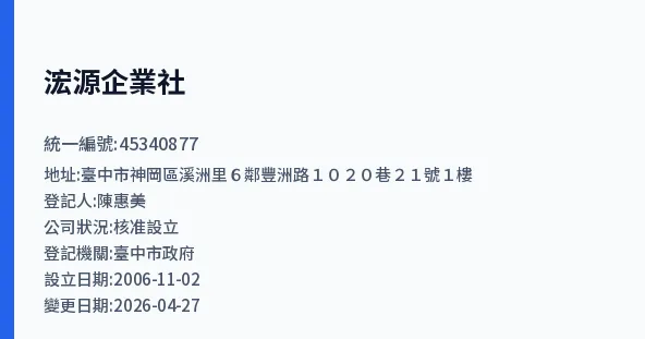 浤源企業社的照片-統編 45340877(臺中市) 公司登記資料與營業項目詳細圖表
