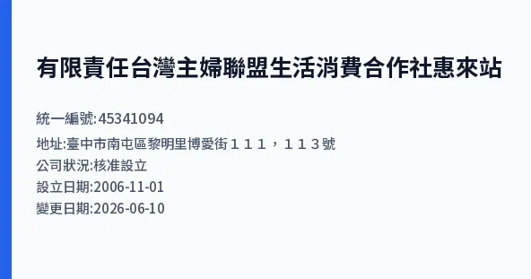 有限責任台灣主婦聯盟生活消費合作社惠來站的照片-統編 45341094(臺中市) 公司登記資料與營業項目詳細圖表