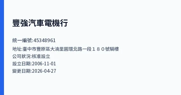 豐強汽車電機行的照片-統編 45348961(臺中市) 公司登記資料與營業項目詳細圖表