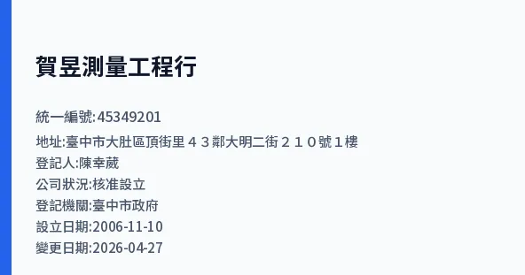 賀昱測量工程行的照片-統編 45349201(臺中市) 公司登記資料與營業項目詳細圖表
