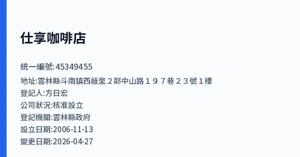 仕享咖啡店的照片-統編 45349455(雲林縣) 公司登記資料與營業項目詳細圖表
