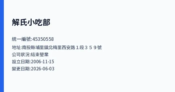 解氏小吃部的照片-統編 45350558(南投縣) 公司登記資料與營業項目詳細圖表