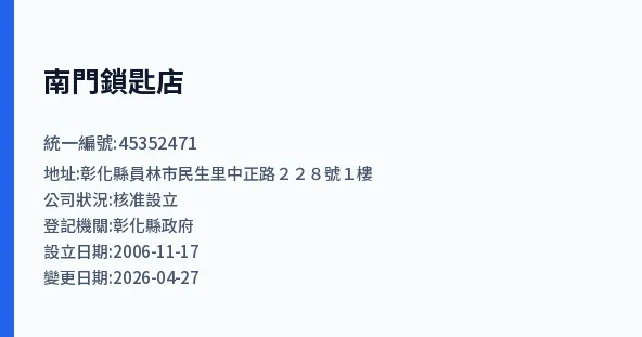 南門鎖匙店的照片-統編 45352471(彰化縣) 公司登記資料與營業項目詳細圖表
