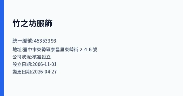 竹之坊服飾的照片-統編 45353393(臺中市) 公司登記資料與營業項目詳細圖表