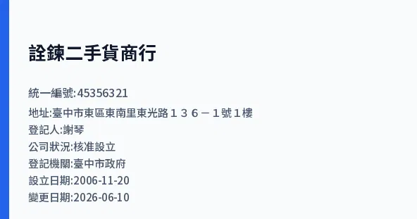 詮鍊二手貨商行的照片-統編 45356321(臺中市) 公司登記資料與營業項目詳細圖表