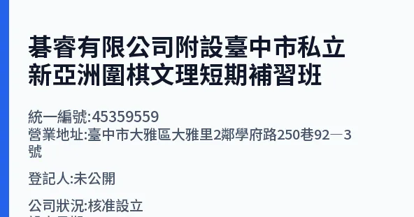 碁睿有限公司附設臺中市私立新亞洲圍棋文理短期補習班的照片-統編 45359559(臺中市) 公司登記資料與營業項目詳細圖表