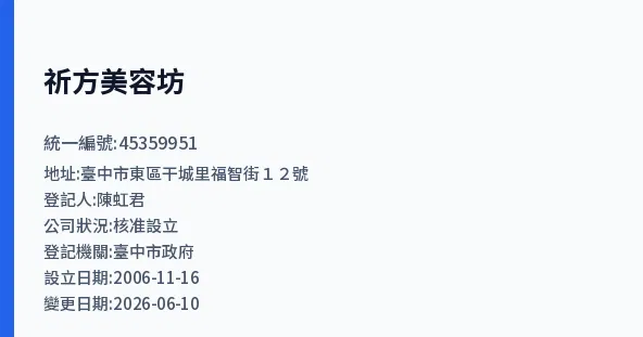 祈方美容坊的照片-統編 45359951(臺中市) 公司登記資料與營業項目詳細圖表