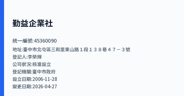 勤益企業社的照片-統編 45360090(臺中市) 公司登記資料與營業項目詳細圖表
