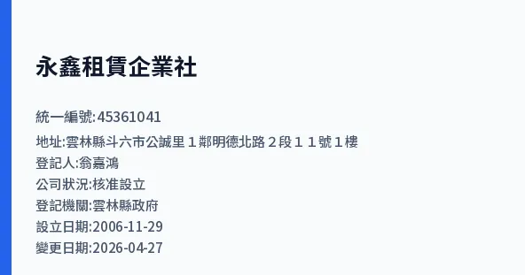 永鑫租賃企業社的照片-統編 45361041(雲林縣) 公司登記資料與營業項目詳細圖表