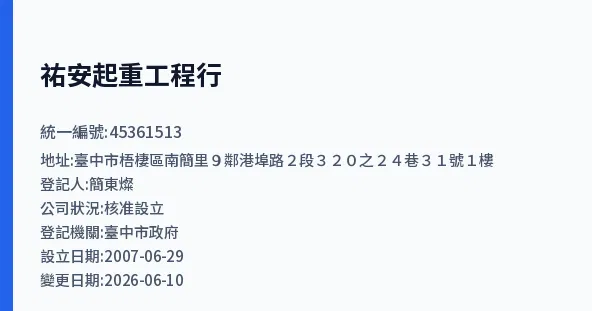 祐安起重工程行的照片-統編 45361513(臺中市) 公司登記資料與營業項目詳細圖表