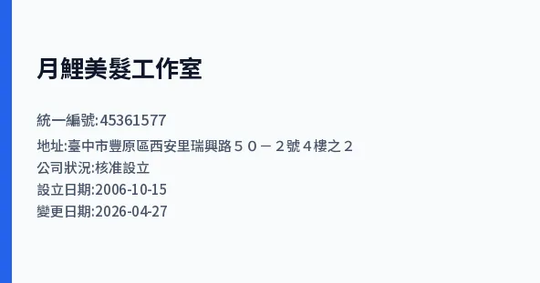 月鯉美髮工作室的照片-統編 45361577(臺中市) 公司登記資料與營業項目詳細圖表