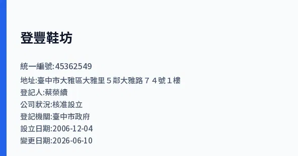 登豐鞋坊的照片-統編 45362549(臺中市) 公司登記資料與營業項目詳細圖表