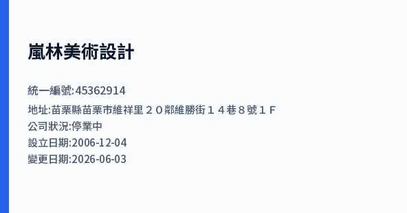 嵐林美術設計的照片-統編 45362914(苗栗縣) 公司登記資料與營業項目詳細圖表