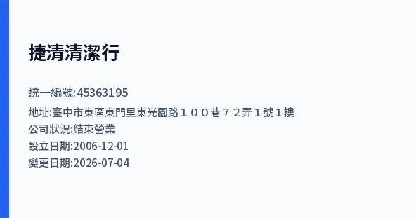 捷清清潔行的照片-統編 45363195(臺中市) 公司登記資料與營業項目詳細圖表