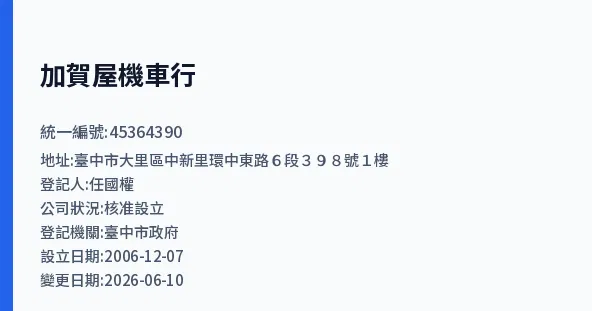 加賀屋機車行的照片-統編 45364390(臺中市) 公司登記資料與營業項目詳細圖表