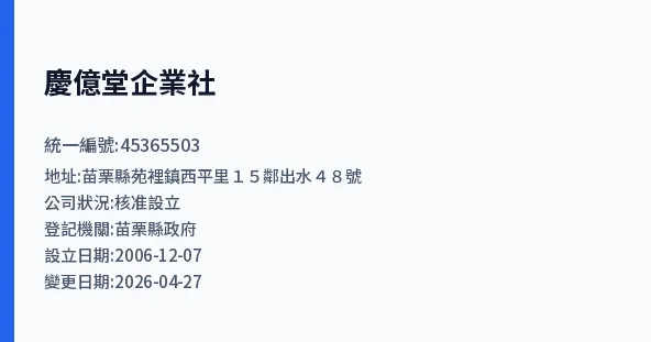 慶億堂企業社的照片-統編 45365503(苗栗縣) 公司登記資料與營業項目詳細圖表