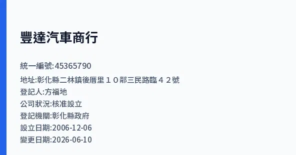 豐達汽車商行的照片-統編 45365790(彰化縣) 公司登記資料與營業項目詳細圖表