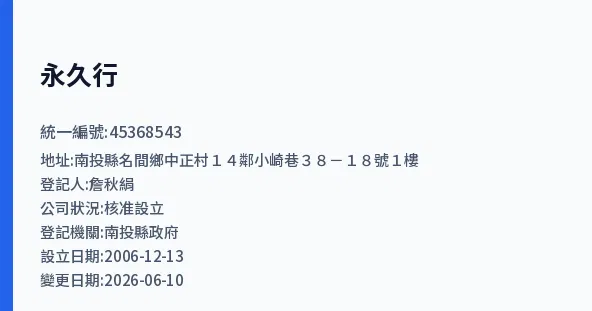 永久行的照片-統編 45368543(南投縣) 公司登記資料與營業項目詳細圖表