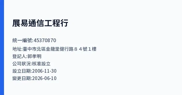 展易通信工程行的照片-統編 45370870(臺中市) 公司登記資料與營業項目詳細圖表