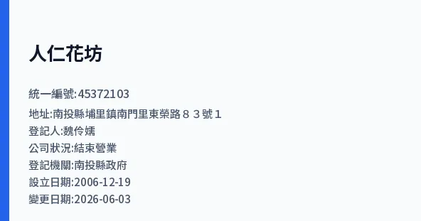 人仁花坊的照片-統編 45372103(南投縣) 公司登記資料與營業項目詳細圖表