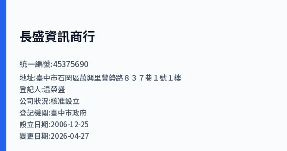 長盛資訊商行的照片-統編 45375690(臺中市) 公司登記資料與營業項目詳細圖表
