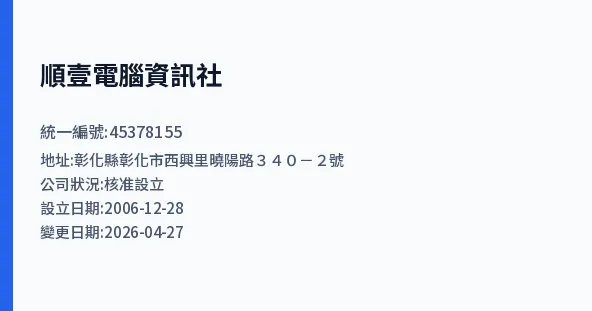 順壹電腦資訊社的照片-統編 45378155(彰化縣) 公司登記資料與營業項目詳細圖表