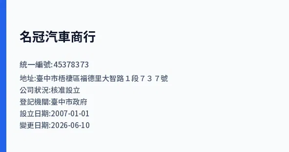 名冠汽車商行的照片-統編 45378373(臺中市) 公司登記資料與營業項目詳細圖表