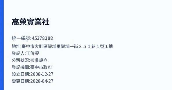 高榮實業社的照片-統編 45378388(臺中市) 公司登記資料與營業項目詳細圖表