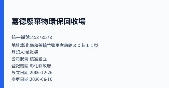 嘉德廢棄物環保回收場的照片-統編 45378578(彰化縣) 公司登記資料與營業項目詳細圖表