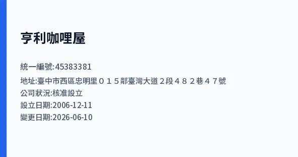 亨利咖哩屋的照片-統編 45383381(臺中市) 公司登記資料與營業項目詳細圖表