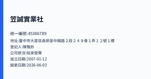 笠誠實業社的照片-統編 45386789(臺中市) 公司登記資料與營業項目詳細圖表
