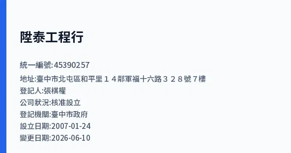 陞泰工程行的照片-統編 45390257(臺中市) 公司登記資料與營業項目詳細圖表