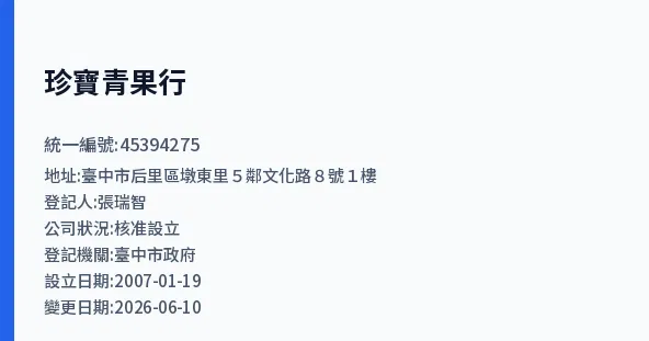珍寶青果行的照片-統編 45394275(臺中市) 公司登記資料與營業項目詳細圖表