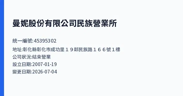 曼妮股份有限公司民族營業所的照片-統編 45395302(彰化縣) 公司登記資料與營業項目詳細圖表