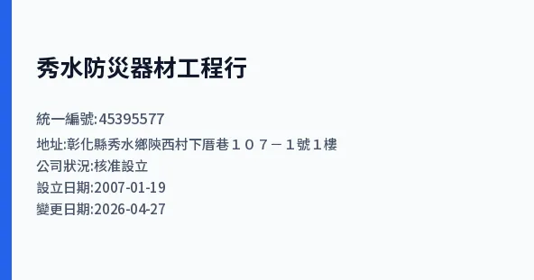 秀水防災器材工程行的照片-統編 45395577(彰化縣) 公司登記資料與營業項目詳細圖表