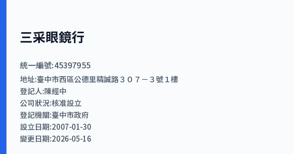 三采眼鏡行的照片-統編 45397955(臺中市) 公司登記資料與營業項目詳細圖表