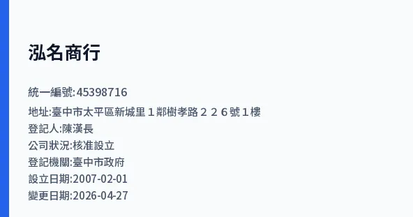 泓名商行的照片-統編 45398716(臺中市) 公司登記資料與營業項目詳細圖表