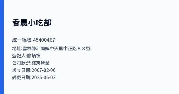 香晨小吃部的照片-統編 45400467(雲林縣) 公司登記資料與營業項目詳細圖表