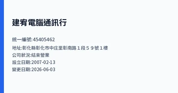 建宥電腦通訊行的照片-統編 45405462(彰化縣) 公司登記資料與營業項目詳細圖表