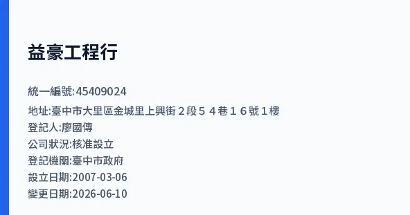 益豪工程行的照片-統編 45409024(臺中市) 公司登記資料與營業項目詳細圖表