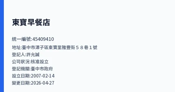 東寶早餐店的照片-統編 45409410(臺中市) 公司登記資料與營業項目詳細圖表