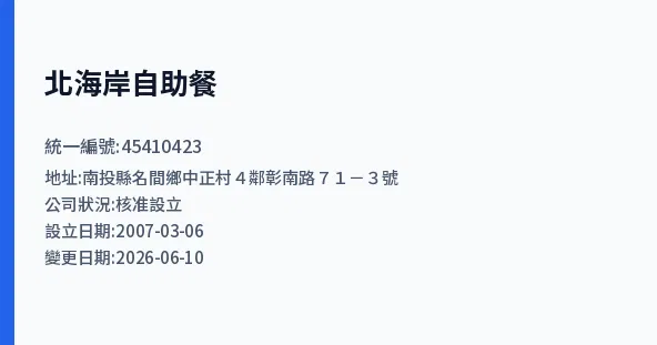 北海岸自助餐的照片-統編 45410423(南投縣) 公司登記資料與營業項目詳細圖表
